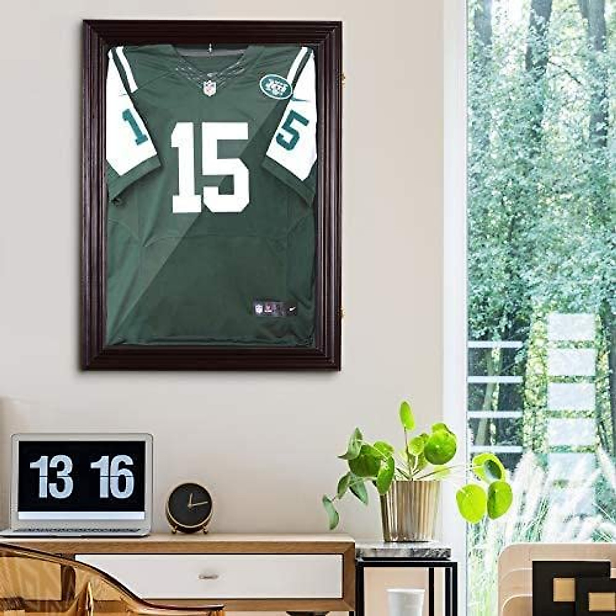 HOMCOM 24" x 32" Jersey Frame Display Case, UV-Resistant Jersey Shadow Box with 2 Keys, Hanger, Cherry Brown