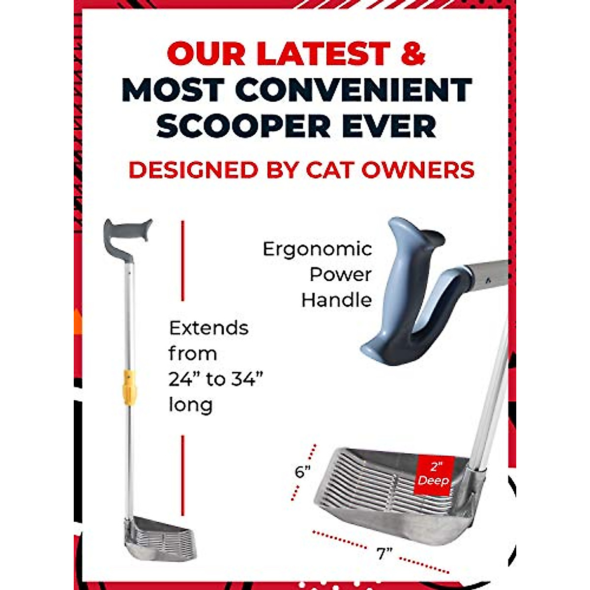 iPrimio Scoop Monster Stand Up Cat Litter Scooper - (Silver) - Adjustable Length Handle Up to 34 inch - Kitty Litter Box Accessory - Super Larg Shovel - Fast Shifting Cat Litter Scoop