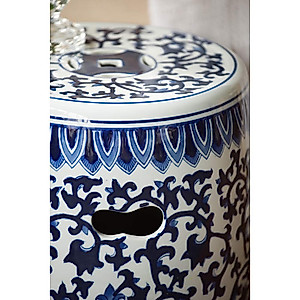 A & B Home Blue and White Asian Style Stool Indoor Multi Purpose Versatile Design Sturdy Glazed Porcelain Finish 11" x 11" x 16"