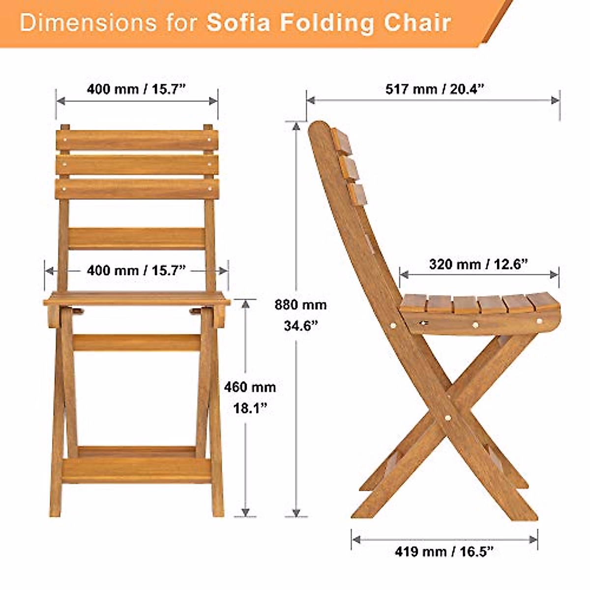 INTERBUILD REAL WOOD Acacia Hardwood Sofia Folding Chairs Balcony|Dining|Lawn|Indoor|Outdoor|Patio Chairs, 17" Tall, 2 Piece Set - Golden Teak