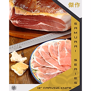 KESSAKU Carving Knife - 12 inch - Samurai Series - Razor Sharp - Granton Edge - Forged 7Cr17MoV High Carbon Stainless Steel - Wood Handle with Blade Guard