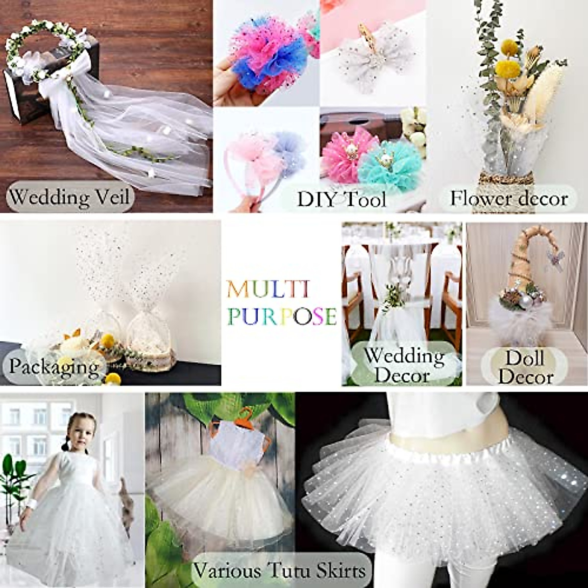 White Glitter Tulle Fabric Rolls 63 inch by 5 Yards Sequin Tulle Netting Fabric for Tutu Skirt Sewing DIY Crafts Wedding Birthday Baby Shower