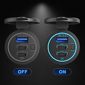 12V USB Outlet Wire USB Charger Multi Port, Dual PD3.0 USB-C and Quick Charge3.0 Car USB Port Socket with Power Switch, Fast Charge for iPhone iPad Android Phones, Suitable for Car Boat RV Marine ATV
