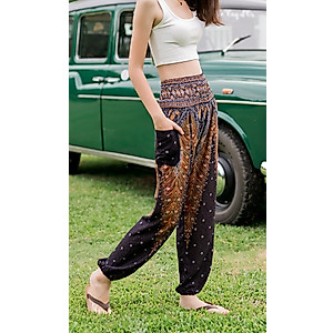 Banjamath® Women's Smocked Waist Harem Hippie Boho Yoga Palazzo Casual Pants (XL,Peacock Black)