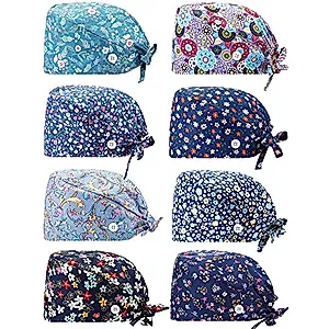 8 Packs Gourd-Shaped Working Cap with Buttons Sweatband Adjustable Hats Tie Back Hats Headwear Printed for Women Men, Multicoloured, Medium