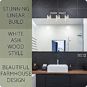 Kira Home Ashland 23.5" 3-Light Farmhouse Bathroom/Vanity Light + Hammered Glass Shades, Gray Oak Wood Style + Black Finish