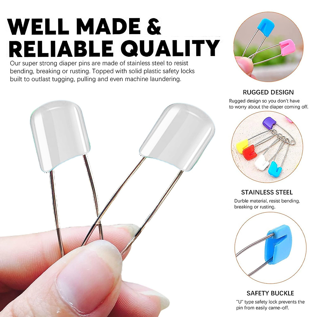 Lxnoap 10 pcs Cloth Diaper Pins Stainless Steel Traditional Safety Pin (White)