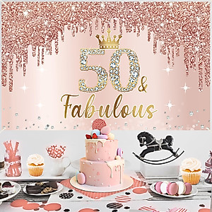 Rose Gold 50th Birthday Banner Party Decorations for Women, Pink Rose Gold 50 & Fabulous Happy 50th Birthday Banner Party Supplies, Fifty Years Old Bday Background Photo Sign for Indoor Outdoor