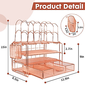 Barelove Rose Gold Desk Organizer with Pen Holder, 4-Trays Mesh Paper Letter File Sorter with 5 Upright Document Rack & Drawer, Desktop Metal Storage Magazine Folder for Home Office School Supplies