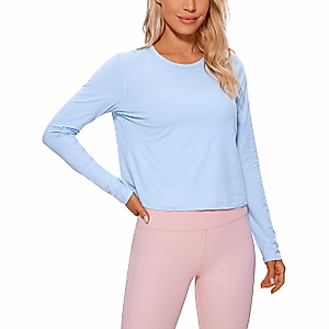 CRZ YOGA Pima Cotton Long Sleeve Workout Shirts for Women Loose Cropped Tops Athletic Sports T-Shirt Blue Linen Medium