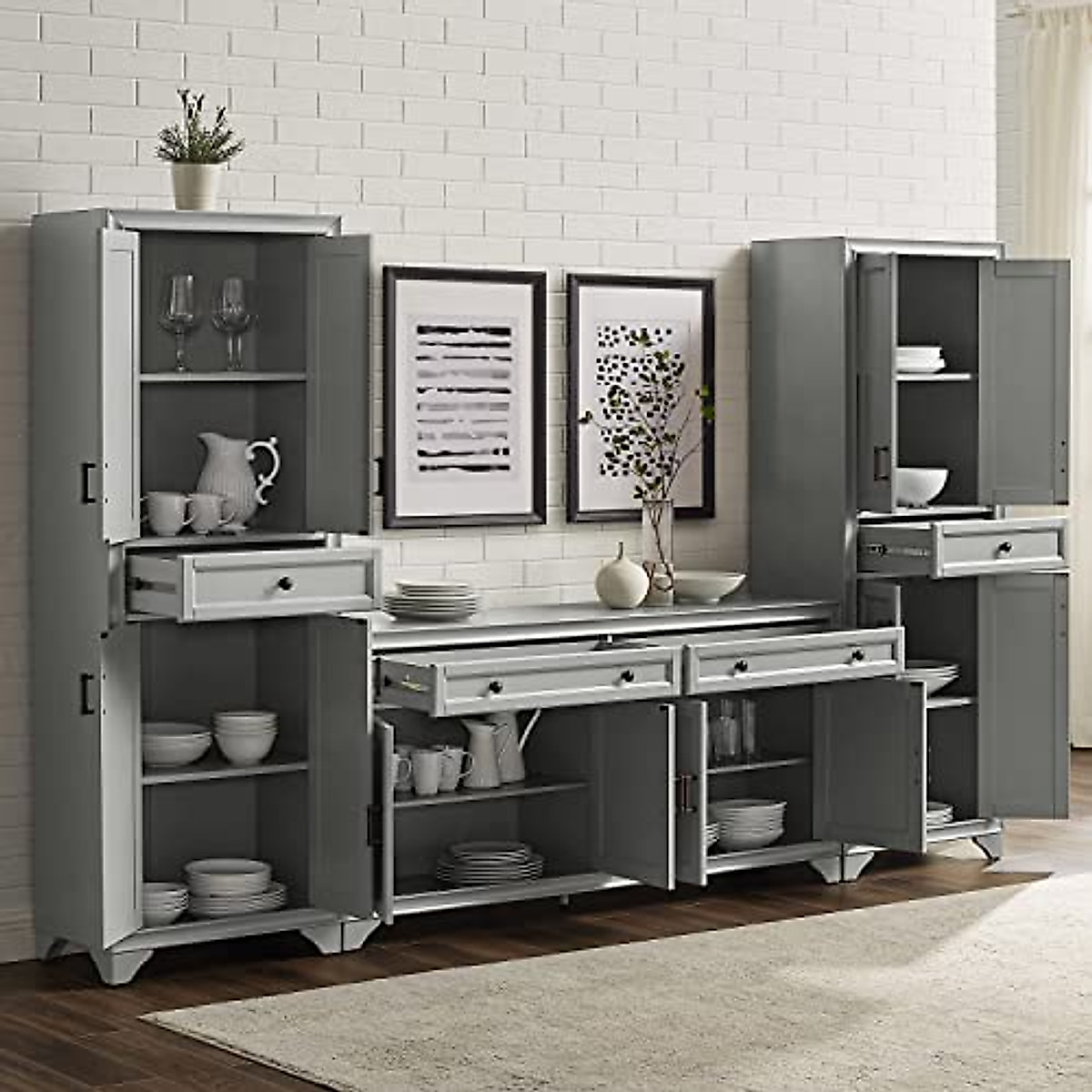 Crosley Furniture Tara 3-Piece Sideboard and Pantry Set, Distressed Gray