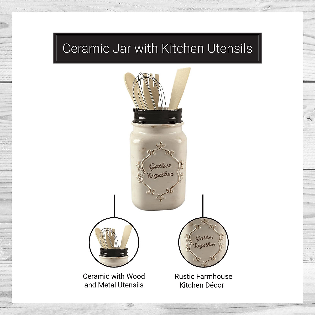 Young's Inc. Ceramic Jar with Kitchen Utensils - 4'' L X 4'' W X 11'' H - Rustic Decor - Kitchen Accessories for Countertop