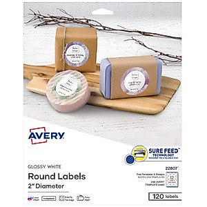 Avery 2" Round Labels for Laser & Inkjet Printers, 600 Glossy White Labels Total, 5 Packs (22807)