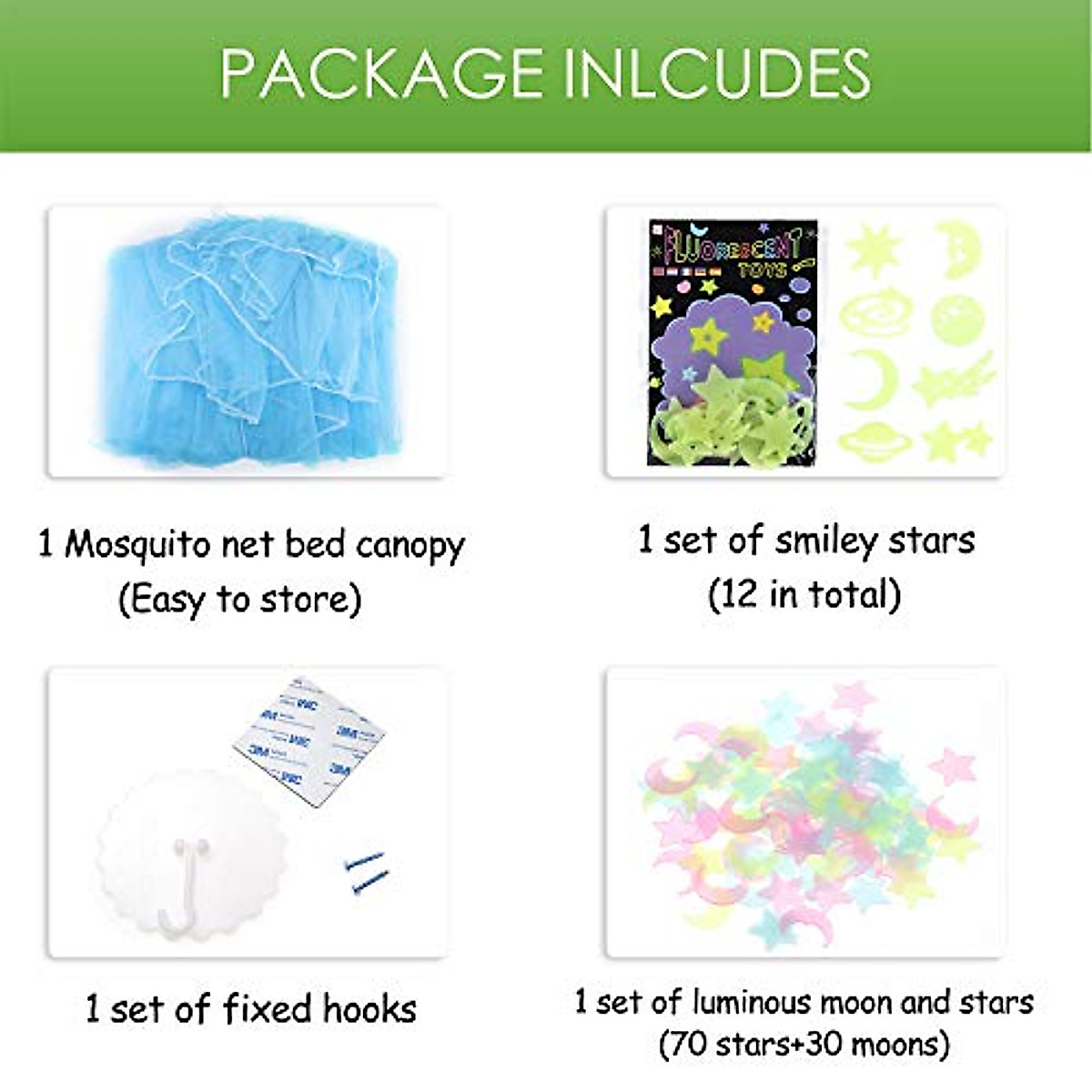 Glamorstar Bed Canopy for Girls Princess Mosquito Net Glow in The Dark Stars and Moon Crib Hanging Tent Bedroom Decor Gift for Kids Blue