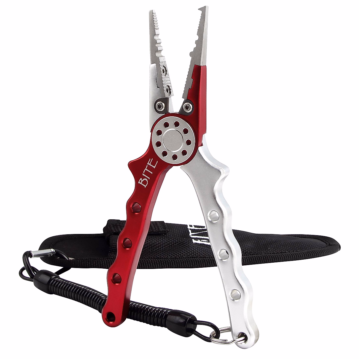 BITE Fishing Tackle 7 inch Fishing Pliers, Aluminum Fishing Tools, Saltwater Resistant Fishing Gear with Corrosion Resistant Coating and Rubber Handle,Fishing Gifts for Men RED Silver