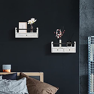 Y&ME YM Bathroom Shelf with Drawers Set of 2, Floating Nightstands for Bedroom, Wall Shelf with Drawer and Towel Rack Wall Mounted, Floating Drawer for Bathroom, Bedroom, Living Room, Kitchen (White)