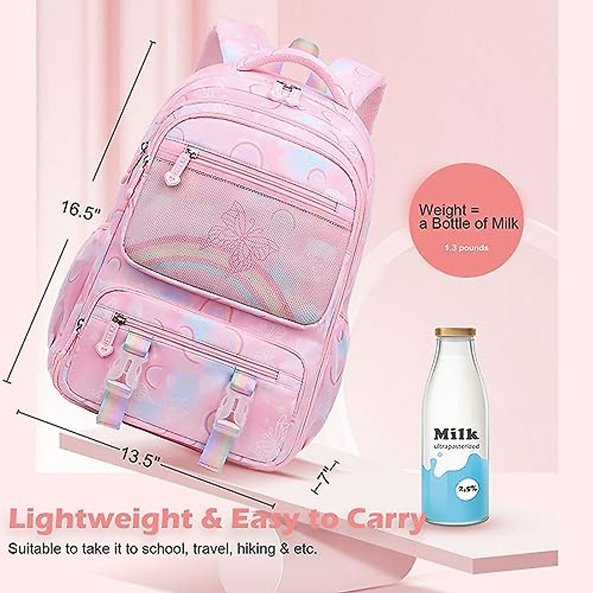 BYXEPA Girls Backpack, 16.5 * 13.5 * 7 inches School Backpack for Girls, Lightweight Kids Backpack with Compartments, Kids' School Book Bag for Elementary Student (Pink)