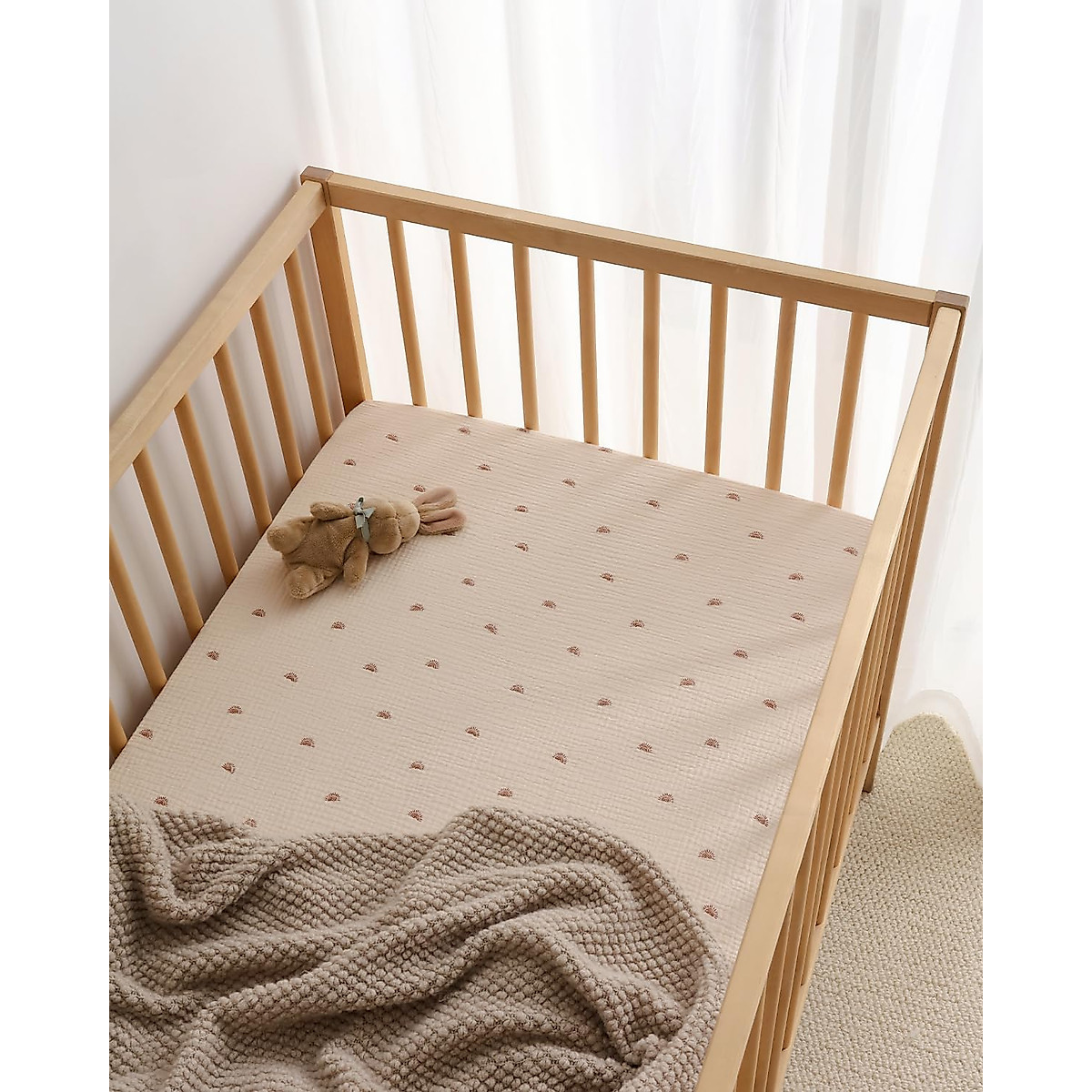 Muslin Crib Sheets for Girls and Boys, Cotton Boho Neutral Fitted Baby Crib Sheet for Standard Crib Mattress & Toddler Bed Mattress (52"x28"), Soft Breathable Baby Sheets 2 Pack (Sunshine&Brown)