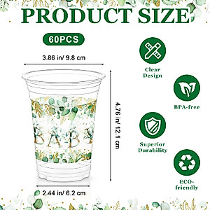 Jinei 60 Pcs Eucalyptus Baby Shower Supplies 16 oz Baby Shower Plastic Cups Bulk Sage Green Baby Shower Disposable Cups for Baby Shower Birthday Party Favors Gender Reveal Decoration