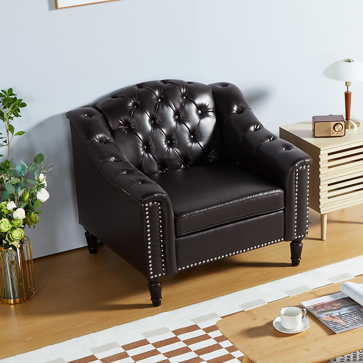 LEVNARY Chesterfield Chair Leather, Upholstered Sofa Chair with High Back, Mid-Century Modern Armchair with Solid Wood Legs, Single Couches for Living Room (Brown)