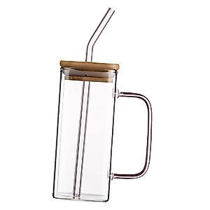 Qianly milk Cup, with Lids and Straws Handle, Drinking Glass Bottle,Square Drinkware Teacup Glass Mug, for Juice Party Milk Breakfast Travel, Pink