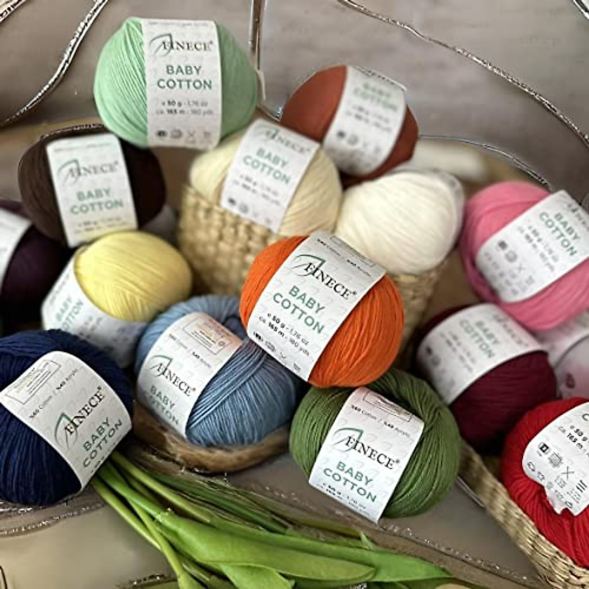 FINECE Baby Cotton, 60% Cotton 40% Acrylic Yarn, Fine (2) for Crochet and Knitting 2 x 1.76 Oz (2 x 50g) / 2 x 180 Yrds (2 x 165m), Soft Yarn, Amigurumi Yarn (2 Skeins, 3049 - Green)