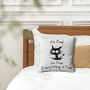 Inspirational Quotes Throw Pillow Cover, Everything is Fine Sofa Home Bed Decor Study Black Cat Couch Case, 18 x 18 Inches Pillowcase Gift for School Office Bedroom Living Room Reading Room -13