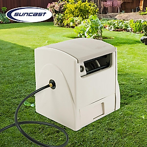 Suncast Automatic Rewind Garden Hose Reel, 100 ft. 5/8 in. Vinyl Hose Holder, Light Taupe