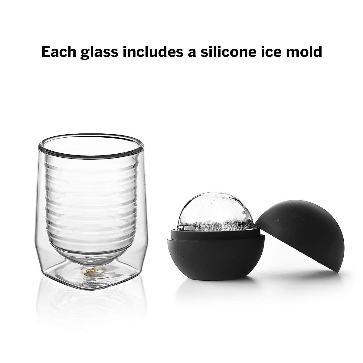 Aged & Ore - The Duo Glass | Hand Blown Double Walled Whiskey Glass Gift Set with Free Silicone Ice Molds | Integrated Measuring Lines for the Perfect Cocktail | Durable Modern Tumbler | Set of 4