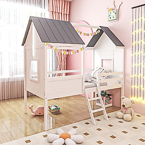 Giantex Twin House Bed Frame, Kids Low Loft Bed Frame with Roof, Side Windows & Ladder, Wooden Slatted Support Playhouse Bed for Girls, Boys, Teens, No Box Spring Needed, White