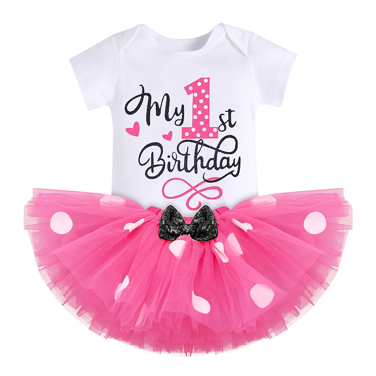 IBTOM CASTLE Baby Girls One 1st Birthday Outfit Polka Dots Romper Tutu Dress Sequin Bowknot Headband Princess Skirt One Years Old Clothes Set for Kids Prom Dance Evening Ball Gown Hot Pink-1ST 1T