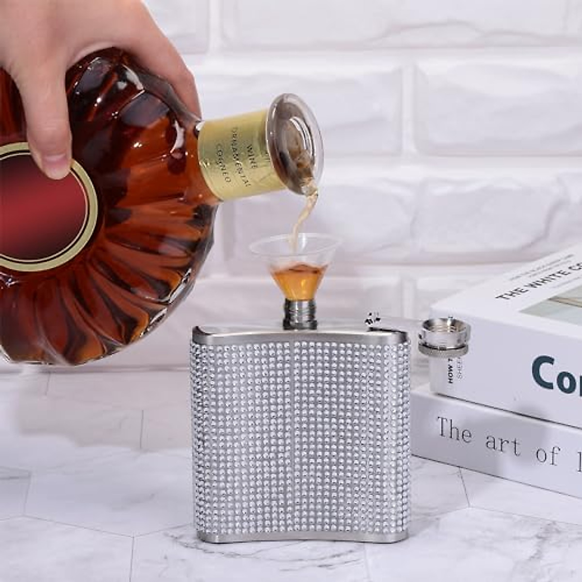 Uiifan 6 Pcs Silver Diamond Hip Flask for Bling Flasks for Liquor Reusable Whiskey Wine Pouches Alcohol Smuggling Kit Alcohol for Liquor Cruise Girls Women Bridesmaid(8 oz)