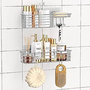 SMARTAKE 2-Pack Shower Caddy, Combined Bathroom Shelf with Soap Dish and Hooks for Hanging Razor Brush Sponge, Wall Mounted Rustproof Basket with Adhesive, No Drilling, 304 Stainless Steel, Silver