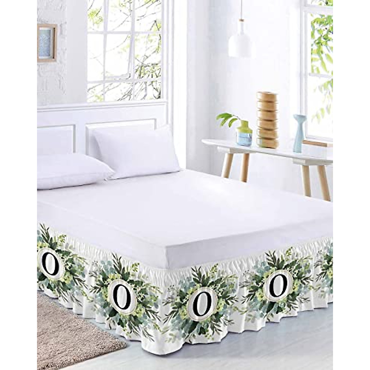 Monogrammed Bed Skirt Cal King Size 16 Inch Drop, Adjustable & Elastic Wrap Around Bed Skirts Pleated Luxury Dust Ruffles for Twin Full Queen Cal King Base Bed, Green Eucalyptus Black Letter O