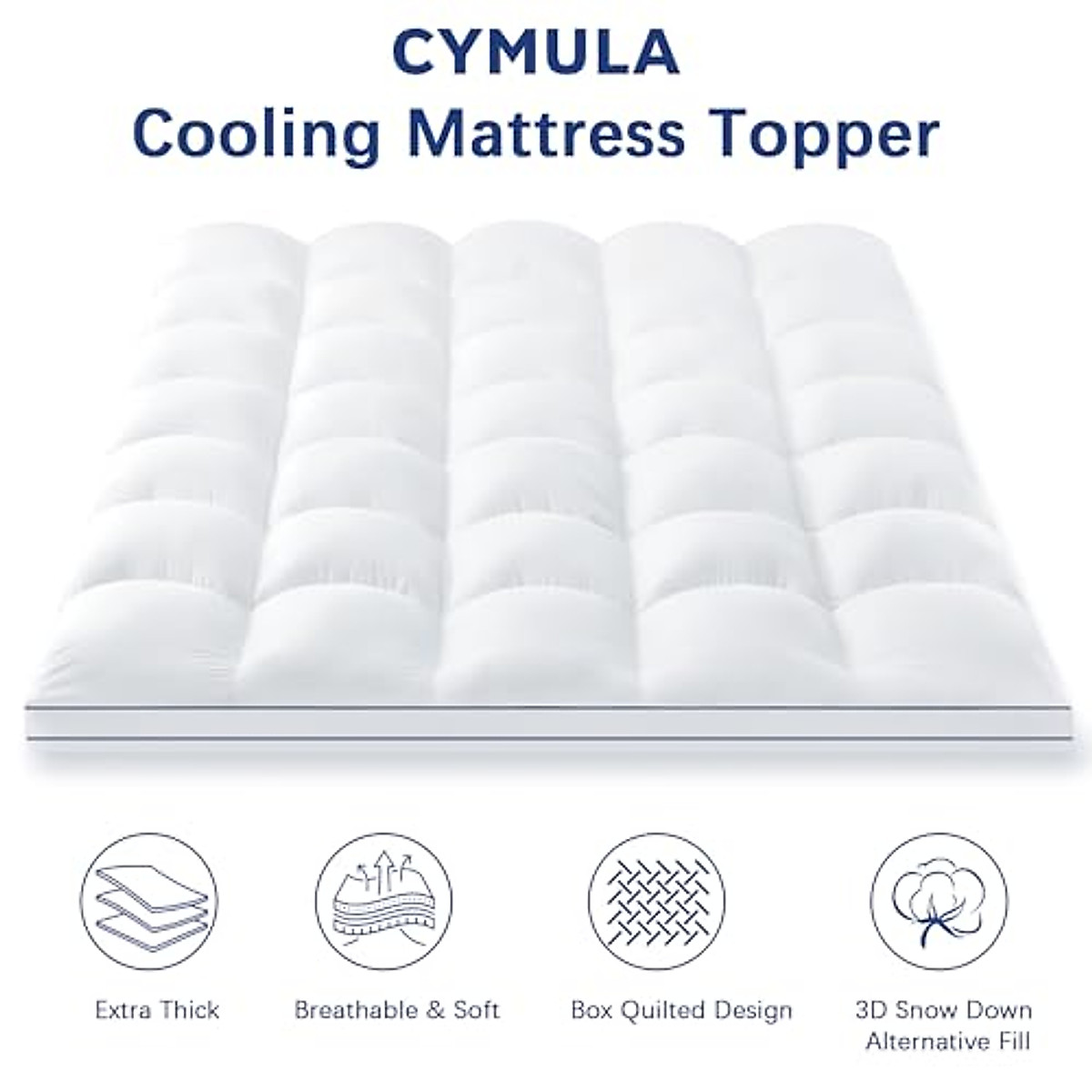 CYMULA Super Queen Cooling Mattress Topper, Extra Thick 8-21 Inch Elasticated Deep Pocket, Plush Down Alternative Fill, White