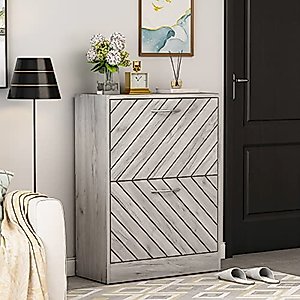 AGOTENI Shoe Cabinet with 2 Flip Drawers, Shoe Storage Organizer with 2-Tier Shelf for Entryway, Freestanding Shoe Rack Storage Organizer, Grey