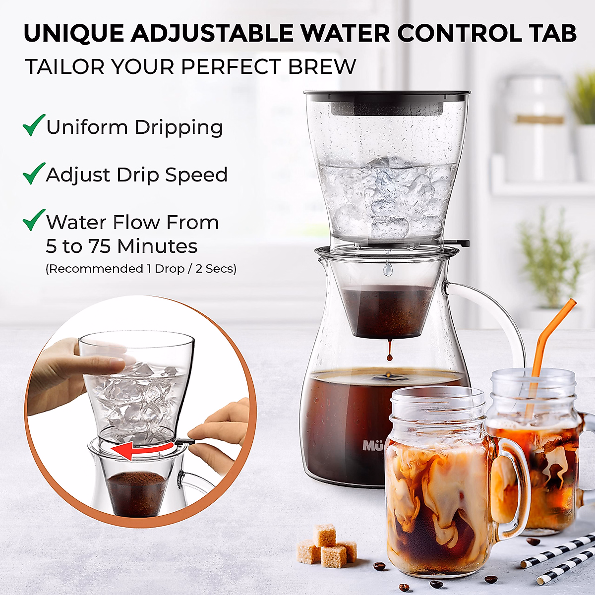 Mueller QuickBrew Smooth Cold Brew Coffee and Tea Maker 47 oz, Dripper Iced Coffee Brewer Maker with Adjustable Water Flow, Stainless Steel Filter, Borosilicate Glass Carafe