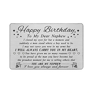 DEGASKEN Happy Birthday Nephew Card - I Love You Always and Forever - Nephew Birthday Gifts, Steel Engraved Wallet Card
