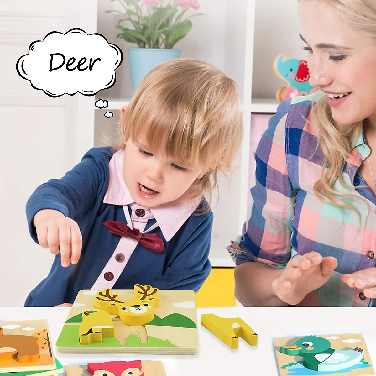 GYBBER&MUMU Wooden Thickened Animal Puzzle Toy Set Panda Deer Owl Duck Fox Puzzle Toy Hand-Eye Coordination Intellectual Toy Set for Preschool (Deer)