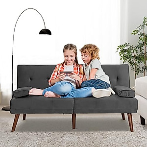 Shintenchi 60" Small Loveseat, 3 in 1 Cute Convertible Sofa Bed, Modern Futon Recliner Sleeper w/2 Cup Holder, Upholstered Folding Couch for Small Space, Dark Gray