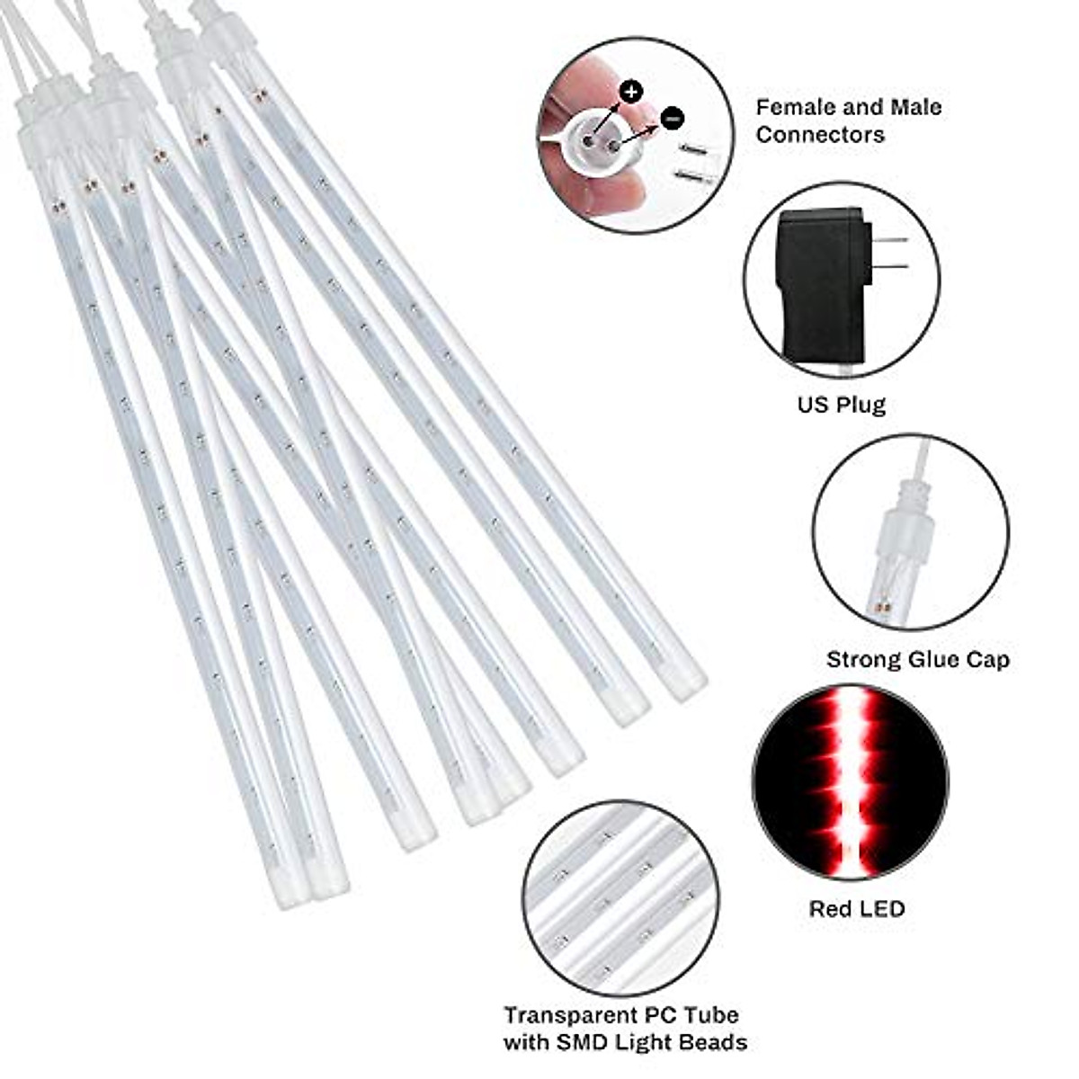 Number-One Meteor Shower Lights, LED Falling Rain Lights 30cm 8 Tube 192 LEDs Falling Raindrop Light, Waterproof Icicle Snow Fall String Lights for Xmas Tree Parties Wedding Garden, Red
