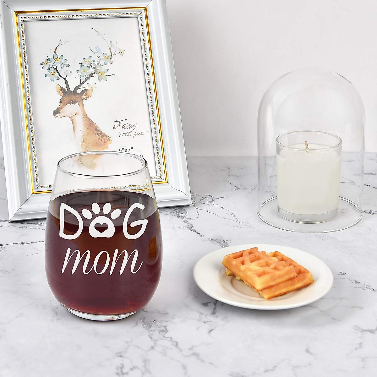 Dog Mom Funny Stemless Wine Glass 15Oz for Women, Dog Lover, Mom, Mother, Wife from Daughter Son Husband