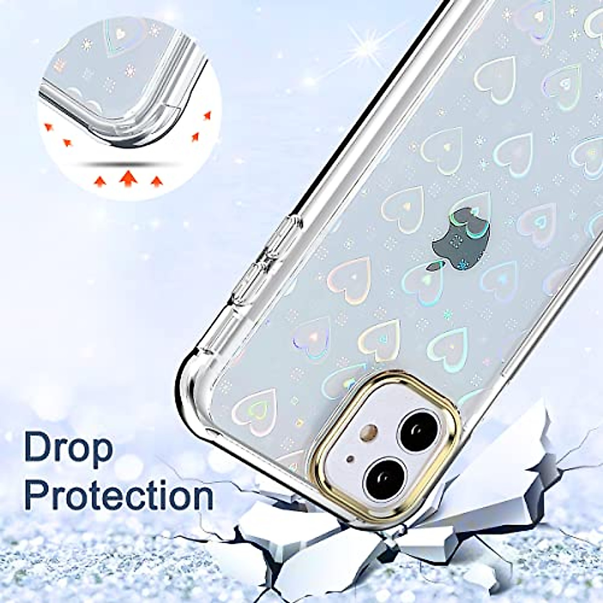GAN Cheng Compatible with iPhone 11 Case 6.1" 2019 with Screen Protector, Shockproof TPU and Hard PC Cute Bling Glitter Sparkle Protective Case for Women & Girls - Clear Holographic Heart
