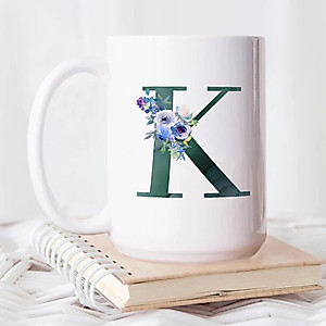 Christmas Funny White Ceramic Coffee Mug 15oz Blue Floral Green Initial Letter K Monogram Alphabet Coffee Cup Humorous Tea Milk Juice Mug Novelty Gifts for Xmas Colleagues Girl Boy