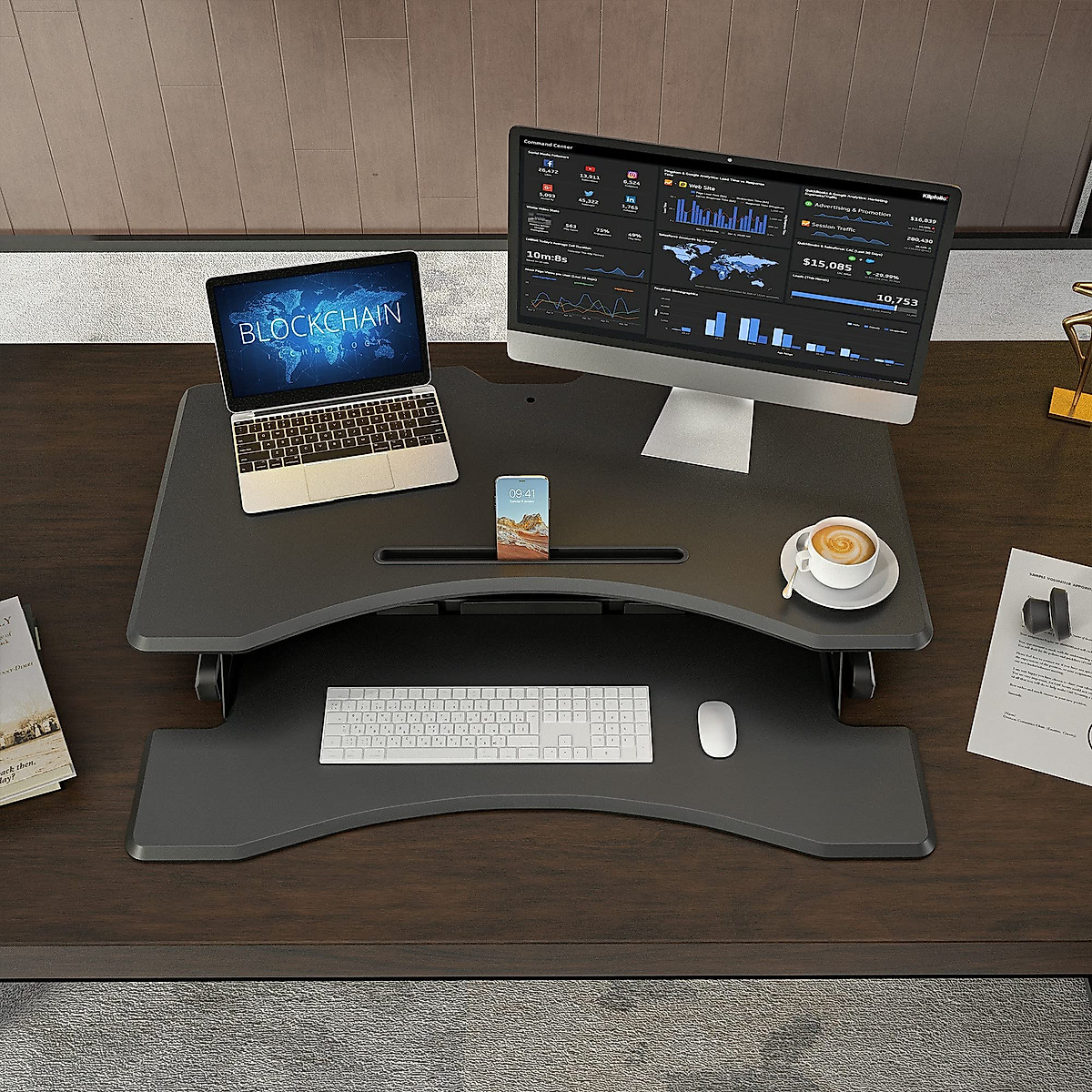 FEZIBO Standing Desk with Height Adjustable, Standing Desk Converter Stand up Riser Tabletop Workstation fits Dual Monitor 37 inches Black