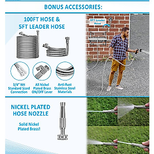 Morvat Stainless Steel Garden Hose Reel 150FT Hose Capacity Retraceable With Crank Handle, Heavy Duty Wall/Floor Mounted Water Hose, Includes 100FT Stainless-Steel Hose with On/Off Valve & Nozzle