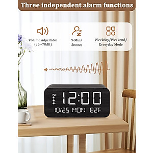 Digital Alarm Clock, with Wooden Electronic LED Time Display, 3 Alarm Settings, 10W Wireless charging, Day of the week, Temperature Detect, Wood Made Digital Clocks for Office, Bedroom, Bedside, Black