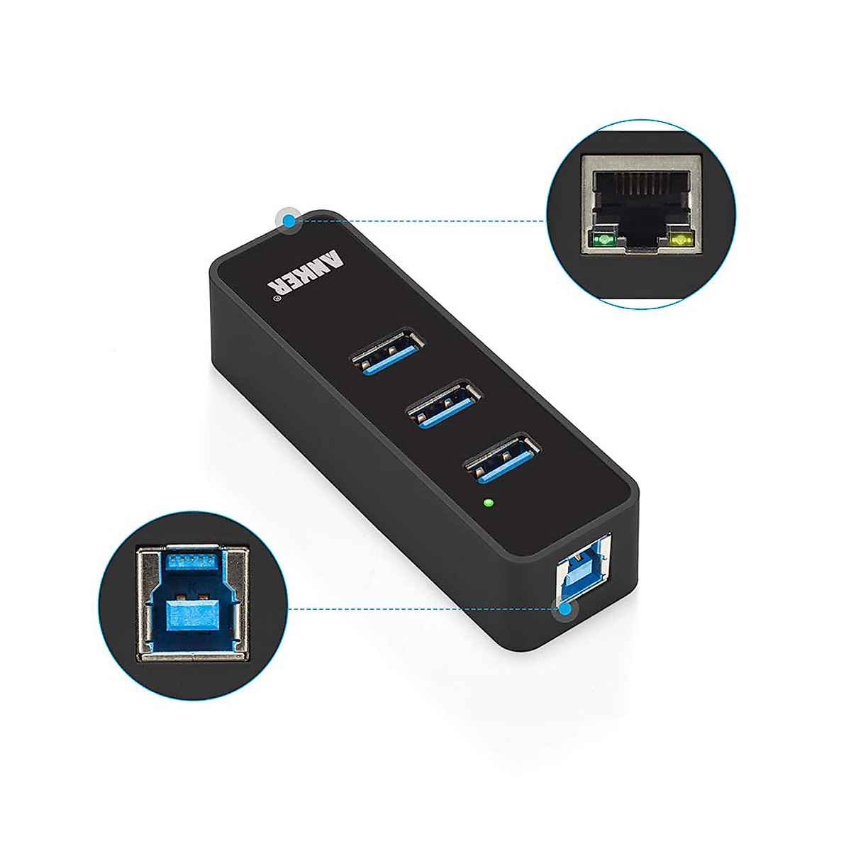 Anker 3-Port USB 3.0 HUB with 10/100/1000 Gigabit Ethernet Converter (3 USB 3.0 Ports, A RJ45 Gigabit Ethernet Port, Support Windows XP, Vista, Win7/8 (32/64 bit), Mac OS 10.6 and above, Linux) Black