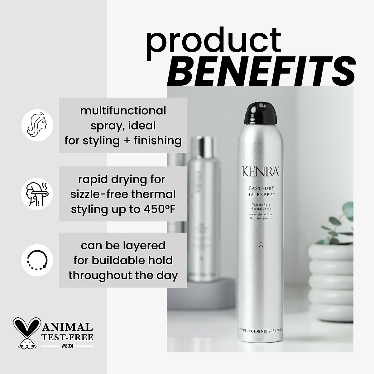 Kenra Fast Dry Hairspray 8 | Flexible Hold Thermal Spray | Multifunctional Spray, Ideal For Both Styling & Finishing | Lightweight, Instant Control | All Hair Types | 8 oz