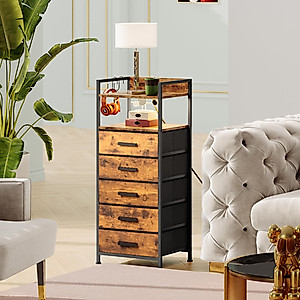 Nightstand 5 Drawer Dresser with Charging Station & LED Lights, Side Table with Fabric Drawers, End Table with Open Shelf with Hooks, Tall Dresser for Bedroom, Hallway, Entryway (Rustic Brown)